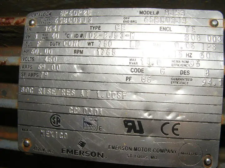 Used 60 HP Emerson Electric Motor 1785 RPM 364T Frame 460v | EcReCon Inc