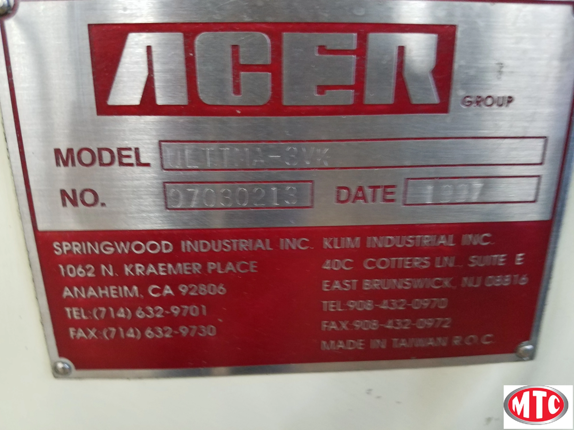 Used 1997 ACER ULTIMA 3VK Vertical Milling Machine 3668 | Myers ...